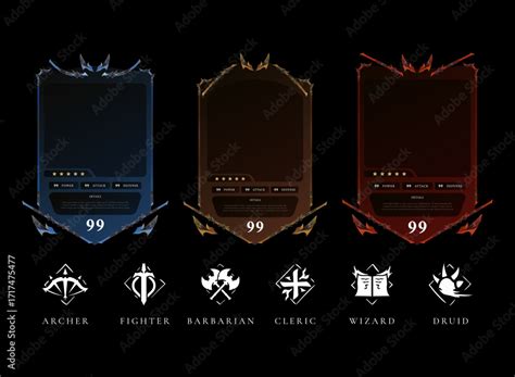 Fantasy Rpg Character Card Frames And Class Role Icons Medieval Game Ui Templates With Archer