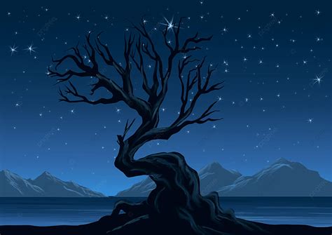 Night View With Dead Tree Blue Sky Full Of Stars At Background Dead