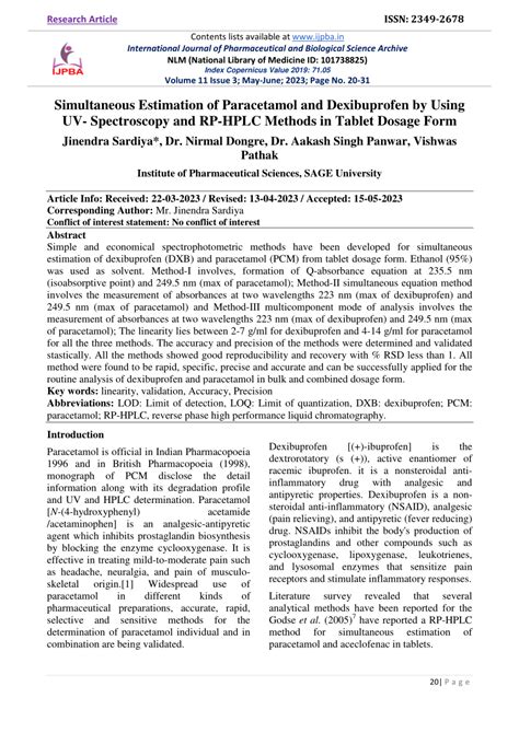 Pdf Simultaneous Estimation Of Paracetamol And Dexibuprofen By Using Uv Spectroscopy And Rp