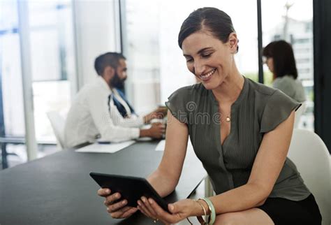 Tablet Meeting And Reading Of Business Woman In Office For Planning Private Equity Associate