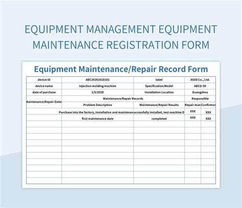 Equipment Management Equipment Maintenance Registration Form Excel