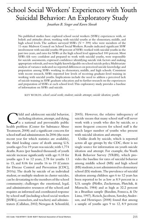 Pdf School Social Workers Experiences With Youth Suicidal Behavior