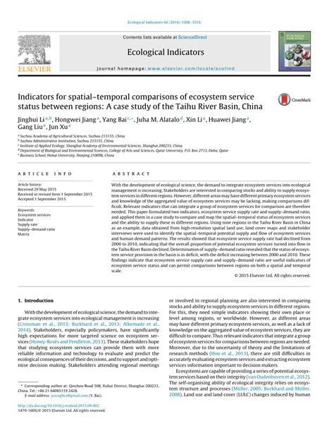 Pdf Indicators For Spatialtemporal Comparisons Of Ecosystem Service Status Between Regions A