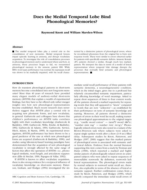 Pdf Does The Medial Temporal Lobe Bind Phonological Memories