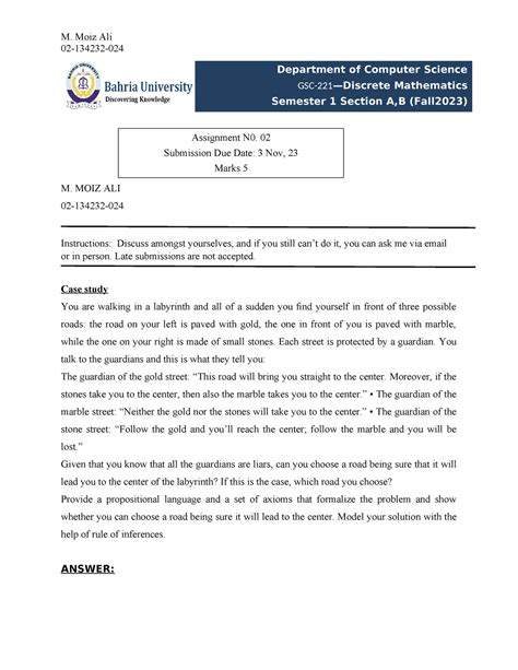 Dm Assignemnt 2 Discrete Mathematics Assignment No 2 02 134232 Department Of Computer