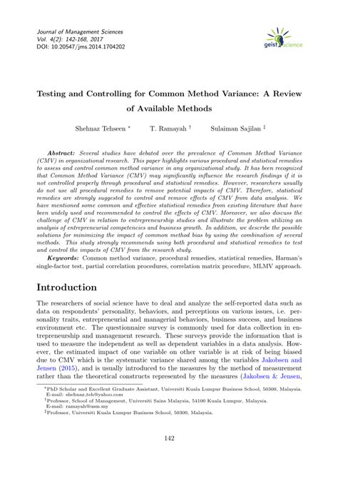 PDF Testing And Controlling For Common Method Variance A Review Of Available Methods