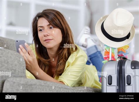 Woman Checking Her Roaming Data Before Parting Stock Photo Alamy