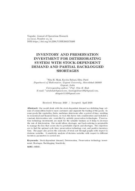 Pdf Inventory And Preservation Investment For Deteriorating System With Stock Dependent Demand