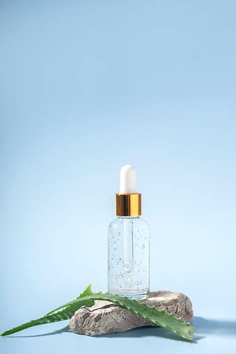 밝은 파란색 배경에 스포이드와 신선한 녹색 알로에 잎이 있는 투명한 화장품 병 노화 방지 피부 관리 보습 및 클렌징의 개념 공간을 복사합니다 생활필수품에 대한 스톡 사진 및