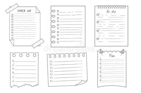 Set To Do Check List Page Doodle Blank Reminder Memo Note Hand Drawn Isolated On White Stock