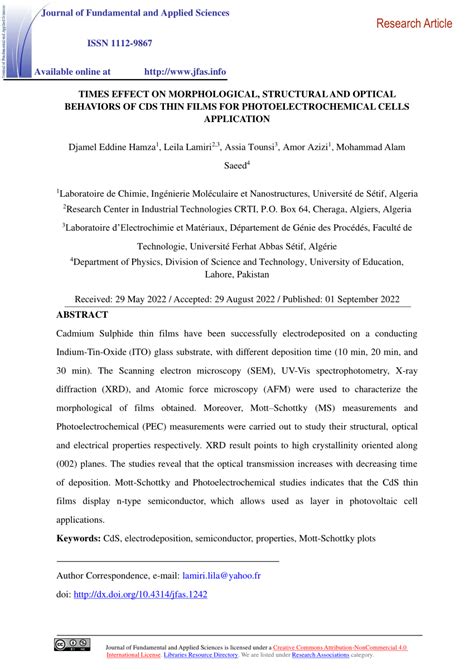 Pdf Times Effect On Morphological Structural And Optical Behaviors Of Cds Thin Films For