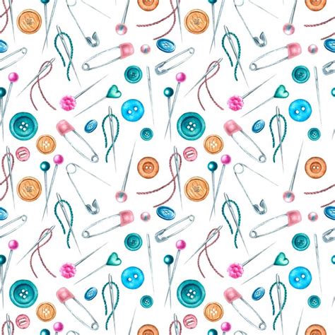 Premium Photo Watercolor Hand Drawn Seamless Pattern Of Buttons Needles And Threads Sewing