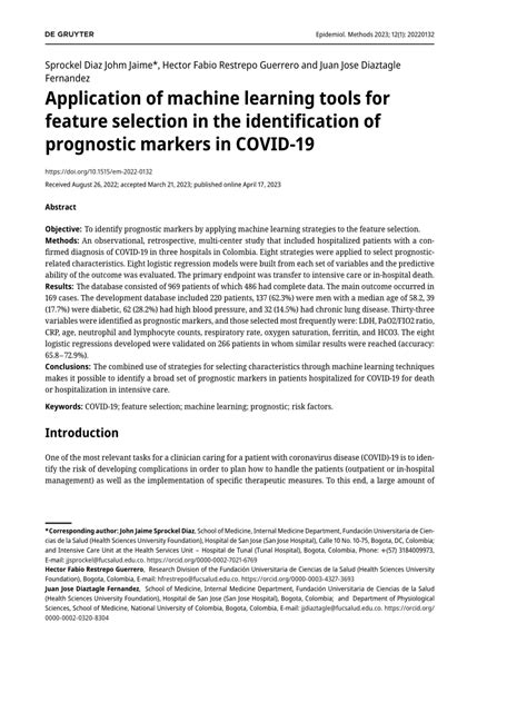 pdf application of machine learning tools for feature selection in the identification of