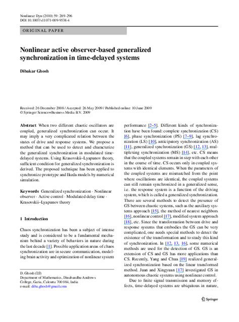 Pdf Nonlinear Active Observer Based Generalized Synchronization In Time Delayed Systems