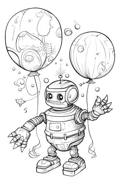 Premium Ai Image A Drawing Of A Robot Holding Balloons And A Balloon Generative Ai