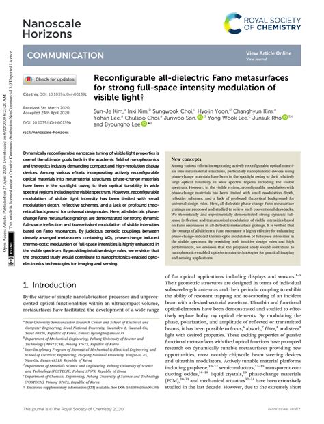 Pdf Reconfigurable All Dielectric Fano Metasurfaces For Strong Full
