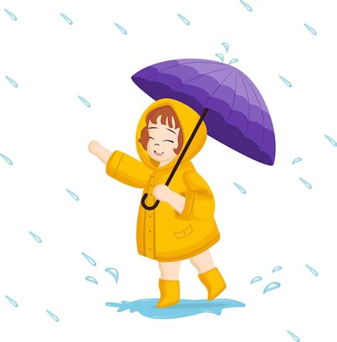 우산을 들고 노란 비옷을 입은 행복한 소녀 프리미엄 벡터