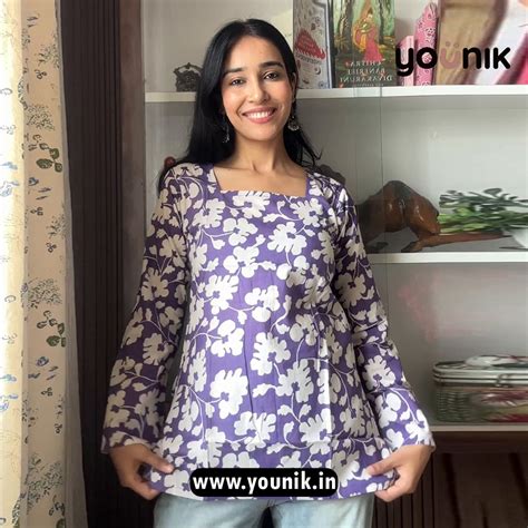 Lavender Floral Pure Cotton Square Neck Short Kurti Younik