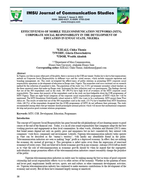 Ffectiveness Of Mobile Telecommunication Networks Mtn Corporate Social Responsibility In The