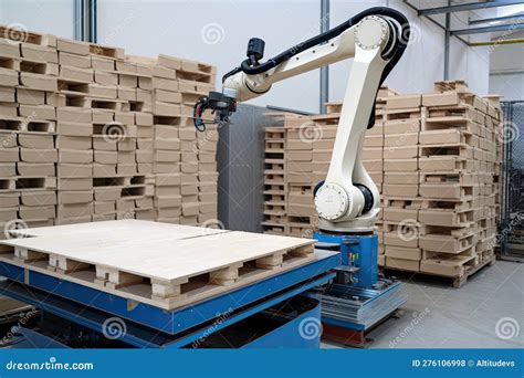 Robot Lifting Heavy Pallet Of Goods And Placing It On Conveyor Belt Stock Photography