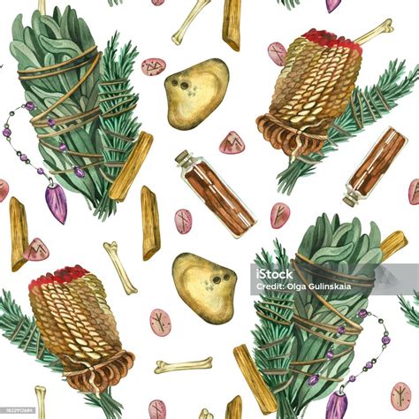 원활한 패턴 운세 용품 수정 진자 훈증용 허브와 양초 룬이 새겨진 돌 모든 것이 수채화로 손으로 그려져 있습니다 직물 및 종이에 인쇄하는 데 적합 묶음에 대한 스톡 벡터