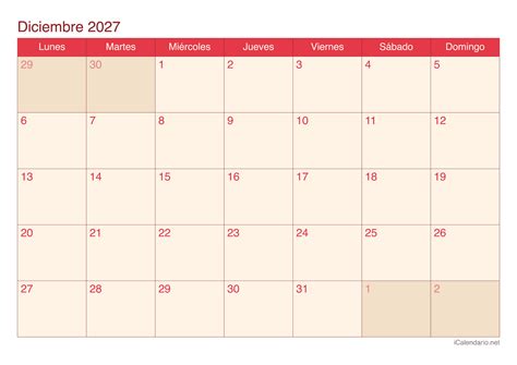 Calendario Diciembre De 2027 Para Imprimir
