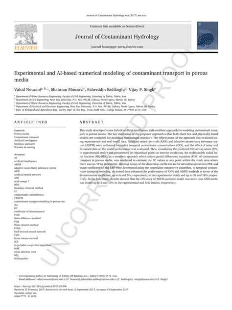 Pdf Experimental And Ai Based Numerical Modeling Of Contaminant
