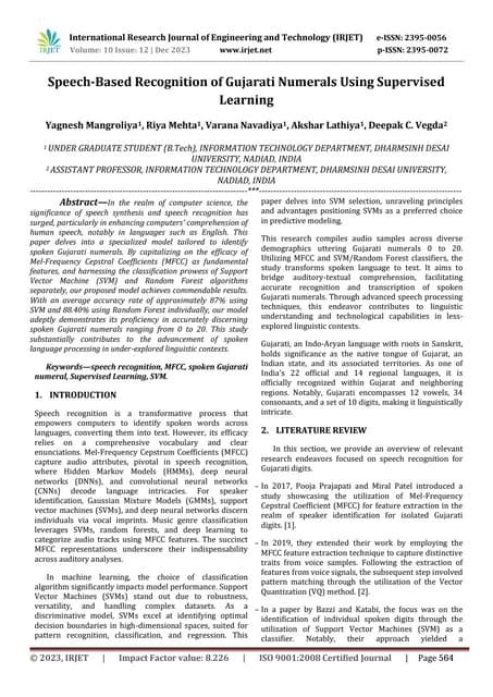 Speech Based Recognition Of Gujarati Numerals Using Supervised Learning