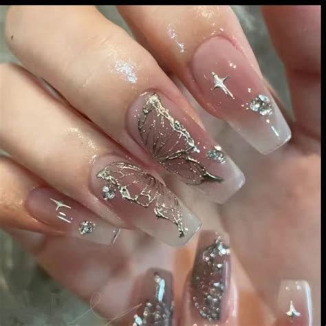 24 Pc Iridescent Butterfly Press On Nails Color Silver Size Os