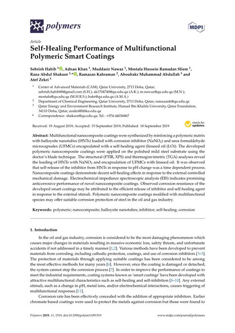 Pdf Self Healing Performance Of Multifunctional Polymeric Smart Coatings