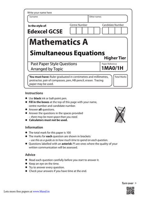 Edexcel Gcse Mathematics Linear 1ma0 Simultaneous Equations Answers Tessshebaylo