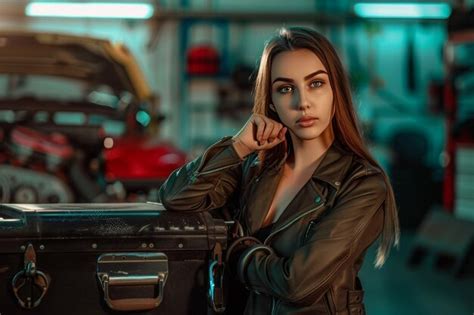 Confident Mechanic Sexy Professional With Toolbox And Car Engine Premium AI Generated Image