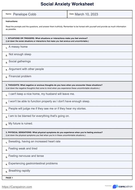 Social Anxiety Formulation Worksheets Library