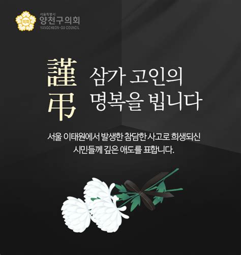 서울특별시 양천구의회 삼가 고인의 명복을 빕니다 서울 이태원에서 발생한 참담한 사고로 희생되신 시민들께 깊은 애도를 표합니다