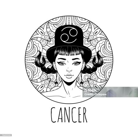 암 조디악 기호 작품 성인 색칠 공부 페이지 아름다운 별자리 기호 소녀 벡터 일러스트 검은색에 대한 스톡 벡터 아트 및 기타