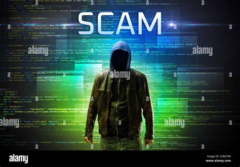 Faceless Hacker With SCAM Inscription On A Binary Code Background Stock