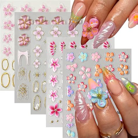 5d Embossed Flower Nail Stickers Self Adhesive Hibiscus