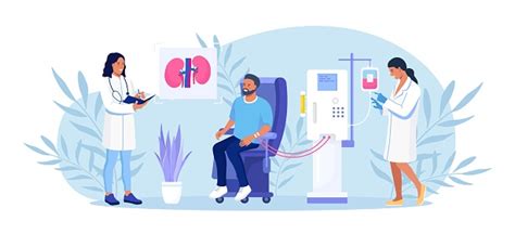 혈액 투석 장비 치료 신부전 투석 기계를 통해 혈액을 정화하고 수혈합니다 혈액 투석을 실시 하는 의사 신장 질환 치료를 받고