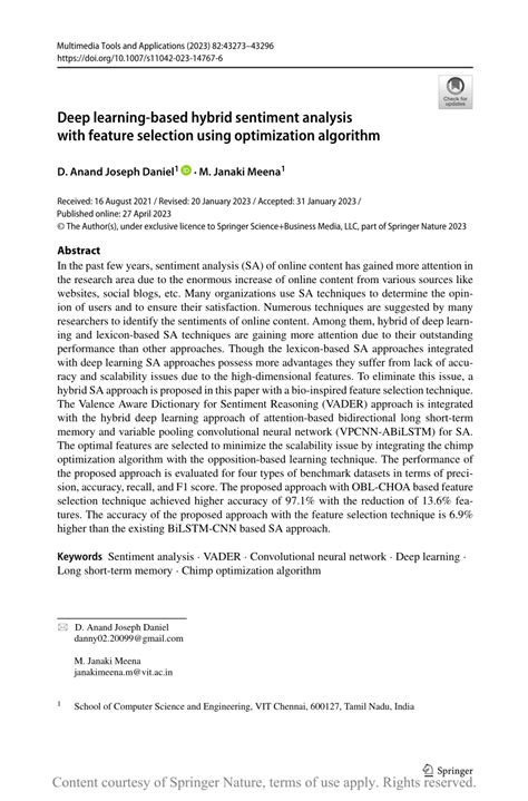 Deep Learning Based Hybrid Sentiment Analysis With Feature Selection Using Optimization