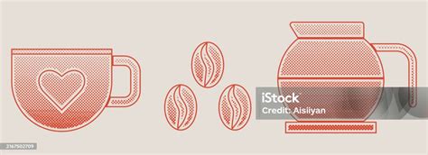 하프톤 효과가 있는 커피 음료 세트입니다 검은 점과 팝 아트 질감 Retro 벡터 일러스트 레이 션 0명에 대한 스톡 벡터 아트 및 기타 이미지 Istock