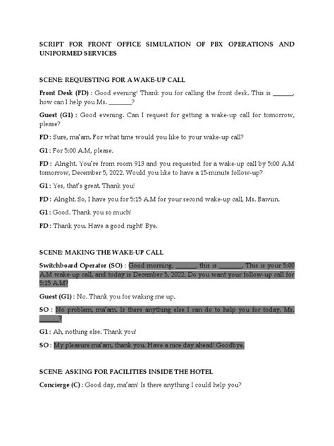 Script For Front Office Simulation Of Pbx Operations Pdf