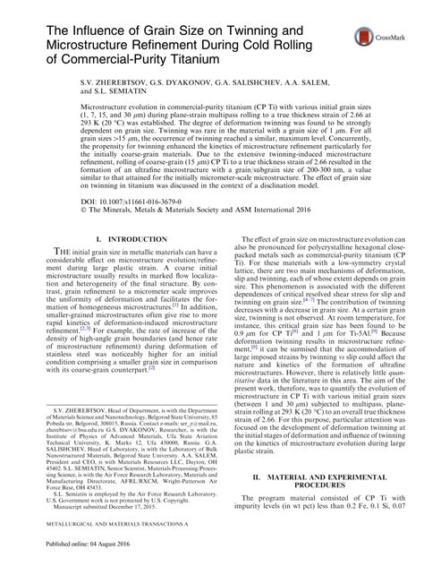 Pdf The Influence Of Grain Size On Twinning And Microstructure Refinement During Cold Rolling
