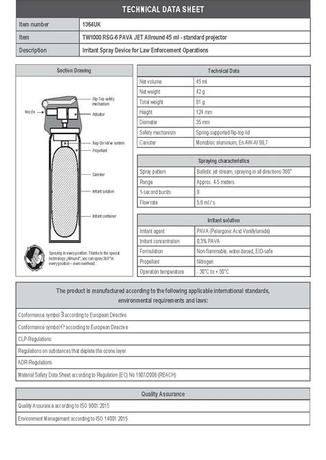 Tecnical Data Sheet Standard Tw1000 Pava Police Irritant Spray Uk