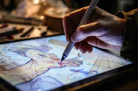 Closeup Of An Artists Hand Using A Stylus On A Digital Drawing Tablet Focusing On The