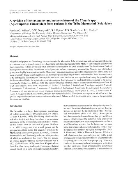 Pdf A Revision Of The Taxonomy And Nomenclature Of The Eimeria Spp Apicomplexa Eimeriidae