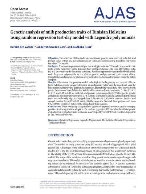 pdf genetic analysis of milk production traits of tunisian holsteins