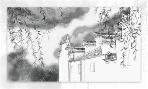 古风建筑徽派建筑黑白插画图片素材 编号31481988 图行天下