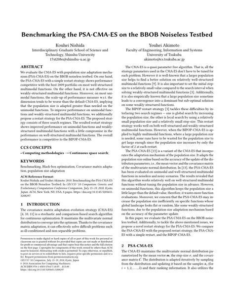 Pdf Benchmarking The Psa Cma Es On The Bbob Noiseless Testbed