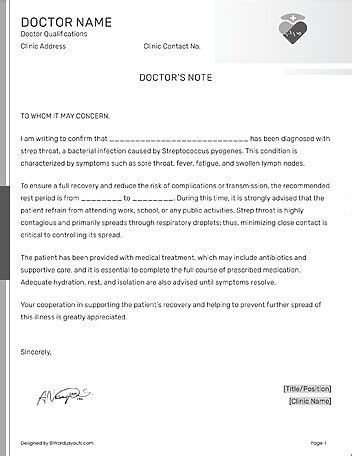 Doctors Note For Strep Throat Template Wordlayouts
