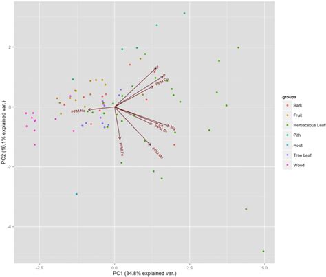biplot showing the first two loadings of the principal component